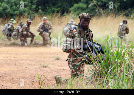 A Cameroon army soldier pulls security during a patrol as part of a ...