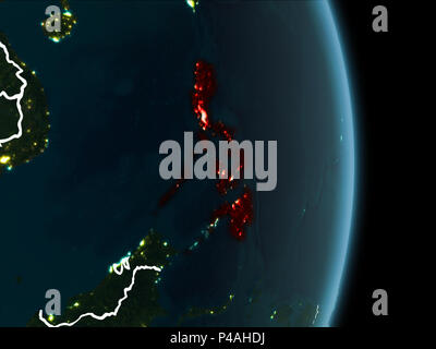 Map of Philippines in red on globe with real planet surface, embossed ...