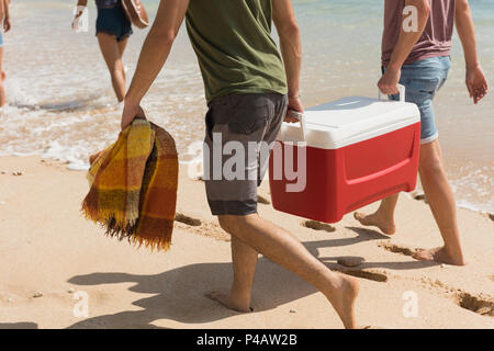 Male friends carrying esky in the beach Stock Photo - Alamy
