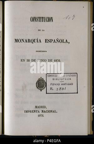 CONSTITUCION ESPAÑOLA DE 1876-PORTADA-IMPRESA EN TOLEDO EN 1892 ...