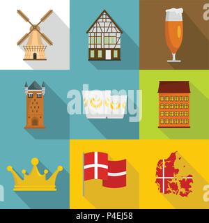 Traveling in Denmark flat icons in set collection for design. Denmark ...