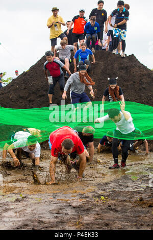 Mud race runners. Participants on the tree trunk, catches balance above ...