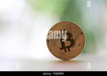 Golden Medal of bitcoin on wooden floor and have copy space for design ...