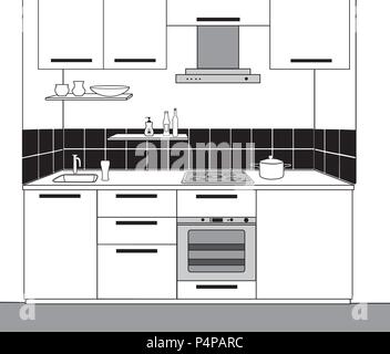 Interior sketch of kitchen room. Outline blueprint design of kitchen ...