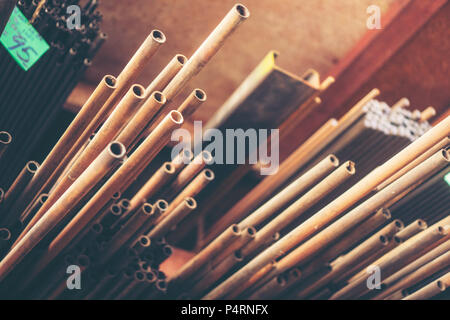 Rows of Steel Round Bar storage and stacking in the warehouse for ...