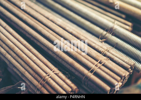Rows of Steel Round Bar storage and stacking in the warehouse for ...