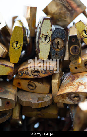 PARIS - MARCH 19, 2018: Beautiful and colorful love locks attached ...