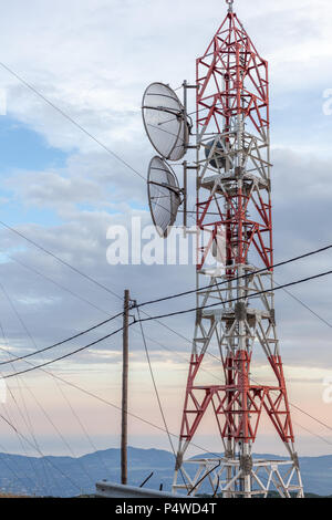Transmission lines passing through broadcast tower. Satellite disk mounted in the microwave ...