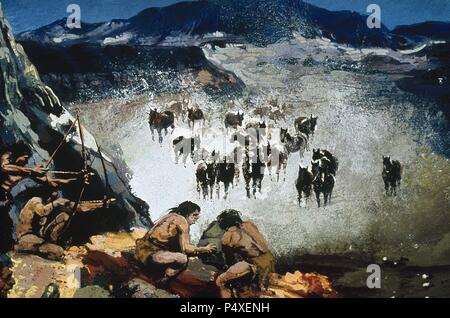 Prehistoric men hunting with bow and arrow and spear Stock Photo ...