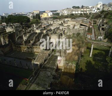 The ruins of Herculaneum, a large Roman town destroyed by a volcanic ...