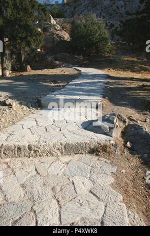 Athens, Greece. Cobblestone pathway to Acropolis. Marble paved street ...