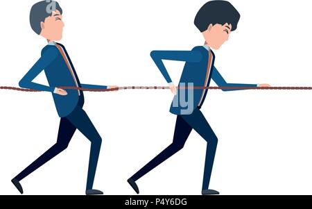 Cartoon businessmen pushing a rope over white background, vector ...
