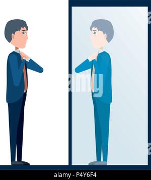 Cartoon Businessman looking himself in the mirror over white background ...