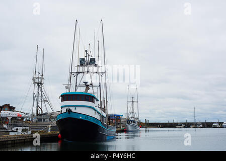 WESTPORT, WASHINGTON-JUNE 21, 2018: Commercial fishing boats tied ...