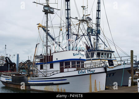 WESTPORT, WASHINGTON-JUNE 21, 2018: Commercial fishing boats tied ...