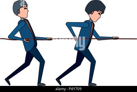 Cartoon businessmen pushing a rope over white background, vector ...