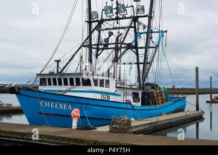 WESTPORT, WASHINGTON-JUNE 21, 2018: Commercial fishing boats tied ...