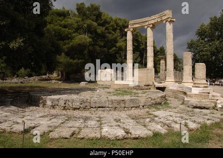 Ruins of the Philippeion in the archeological site of Olympia, Greece ...