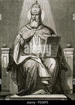Saint Damasus I, (304-384). Roman pope (366-384). Engraving by Capuz ...