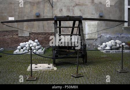 Italy. Rome. Catapult and ammunition. Castel Sant'Angelo Stock Photo ...