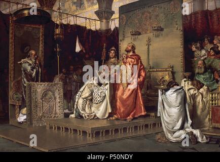 The painting 'Reccared I Conversión' by Muñoz Degrain depicts the ...