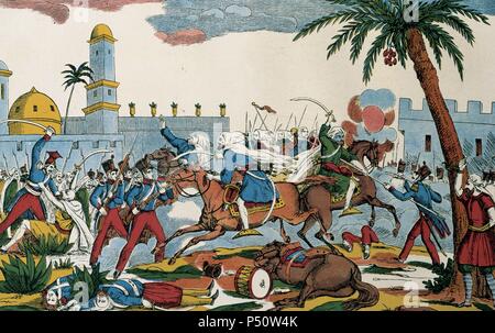 French conquest of Algeria. French troops fighting their way through ...