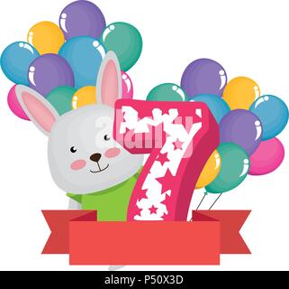 number seven with with rabbit and balloons helium vector illustration ...