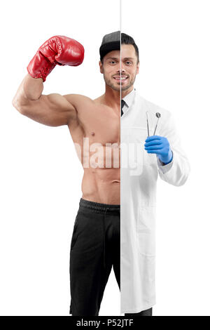 Comparison of doctor and boxer's profession outlook. Boxer wearing red ...