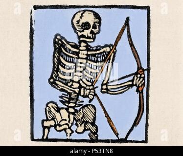 Death depicted with a bow and arrow. Colored engraving Stock Photo - Alamy
