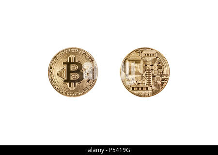 Face and back of the crypto currency golden bitcoin isolated on white ...