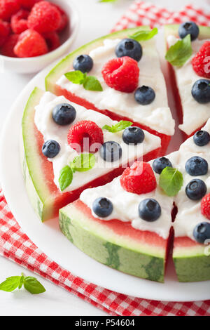 watermelon pizza slices with yogurt and berries, summer dessert Stock ...