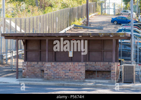 A clinker brick, timber and steel roof bus stop in Lindfield, Sydney ...