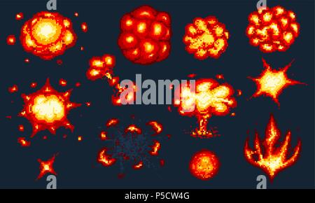 Pixel art explosions. game icons set. Comic boom flame effects for ...