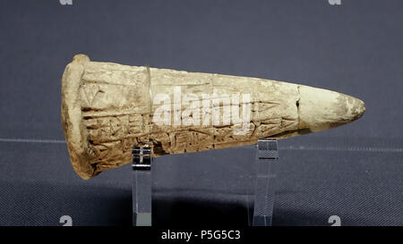 Cuneiform text on clay cone, excavated at Lagash, Iraq, Gutian period ...