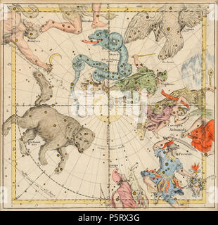 Vintage 18th century star map and chart with zodiac symbols. Sun, moon ...
