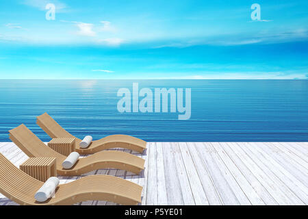 Beach lounge, sundeck over blue sea and sky, summer beach holiday ...