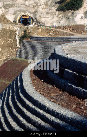 Scrapers and bulldozers level crushed rock fill for a gabion faced ...