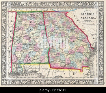 A 1864 Mitchell map of Georgia and Alabama, illustrating geographical ...