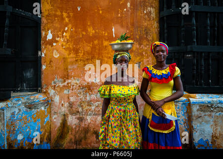 An Afro-Colombian girl, dressed in the traditional ‘palenquera’ costume ...