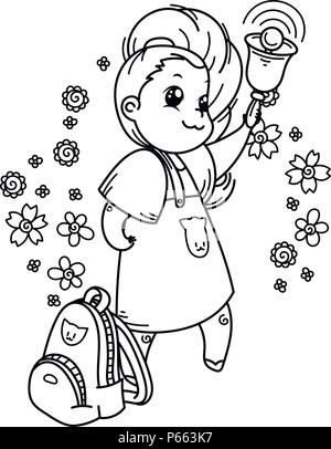 Cute girl is ringing the School Bell. Vector illustration for books ...