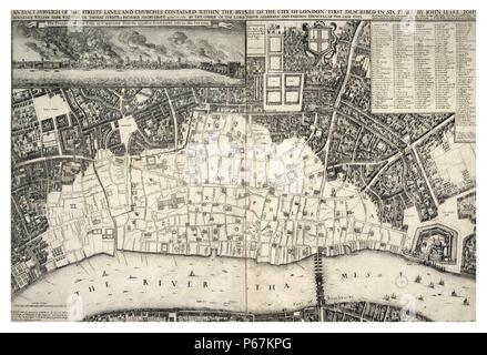 17th century map of London including the River Thames. At the top of ...