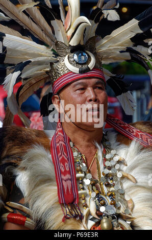 Iban man in traditional hornbill costume at the Nanga Sumpa longhouse ...