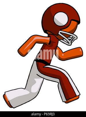 Orange football player man running away in hysterical panic direction ...