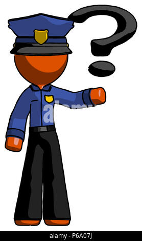 Orange police man question mark concept, sitting on chair thinking ...