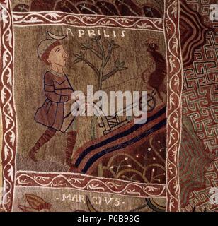 Detail Creation Tapestry, 11th, Romanesque. Domingo, a crowned man on a ...