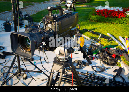 Close-up of professional studio lighting setup with circular softbox ...