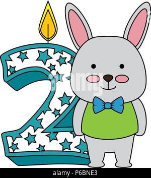 cute number two candle with rabbit character vector illustration design ...