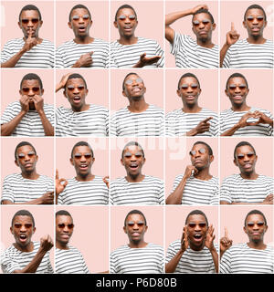Young african man, different emotions collage over pink background ...