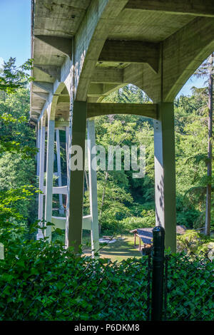 A view of a highway brridge from beneath at Saltwater State Park in ...