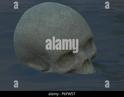 abstract Dark Skull disappearing on white liquid surface. black and ...